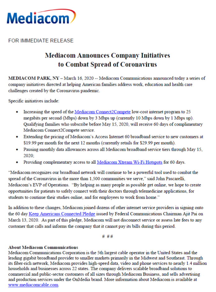 Mediacom Announces Initiatives to Combat Coronavirus - South Bethany
